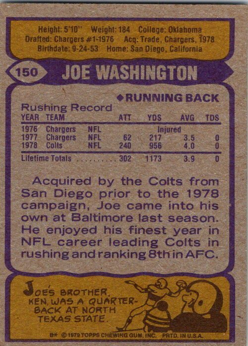 Joe Washington - 1979 Topps Football #150 - Baltimore Colts | eBay