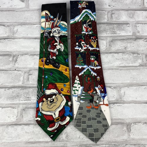 Looney Tunes Christmas Tie Necktie Lot of 2 Bugs Bunny Golf Taz Tweety ...