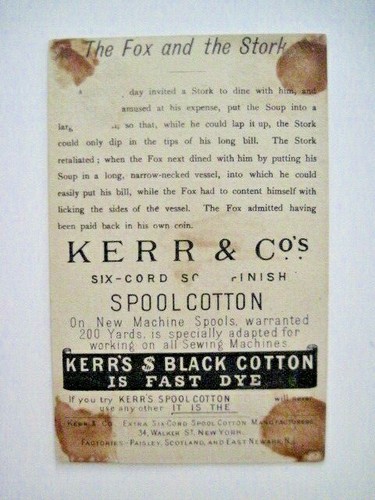 1800's Trade Card "Kerr & Co." Spool Cotton Thread - Aesop's Fables Fox ...