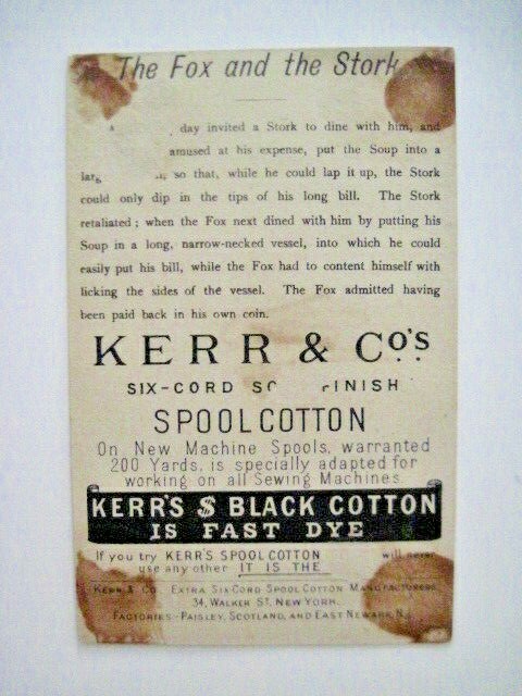 1800's Trade Card "Kerr & Co." Spool Cotton Thread - Aesop's Fables Fox ...