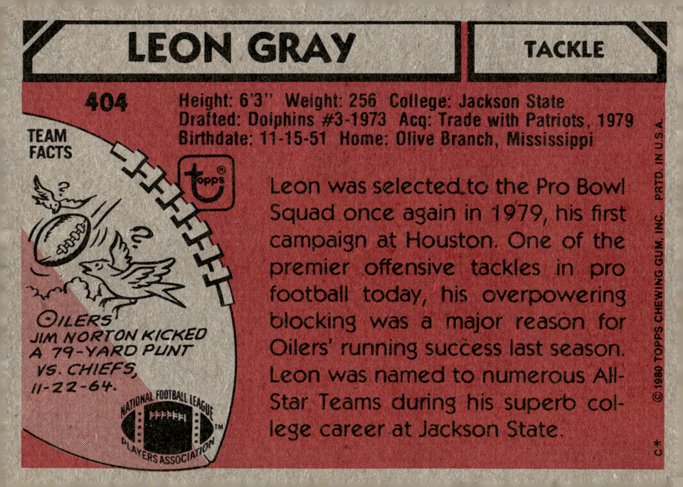 1980 Topps - #404 Leon Gray Oilers | eBay