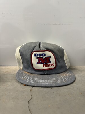 Vtg K Products Big M Feeds Denim Truckers Hat Made In USA Mesh SnapBack ...
