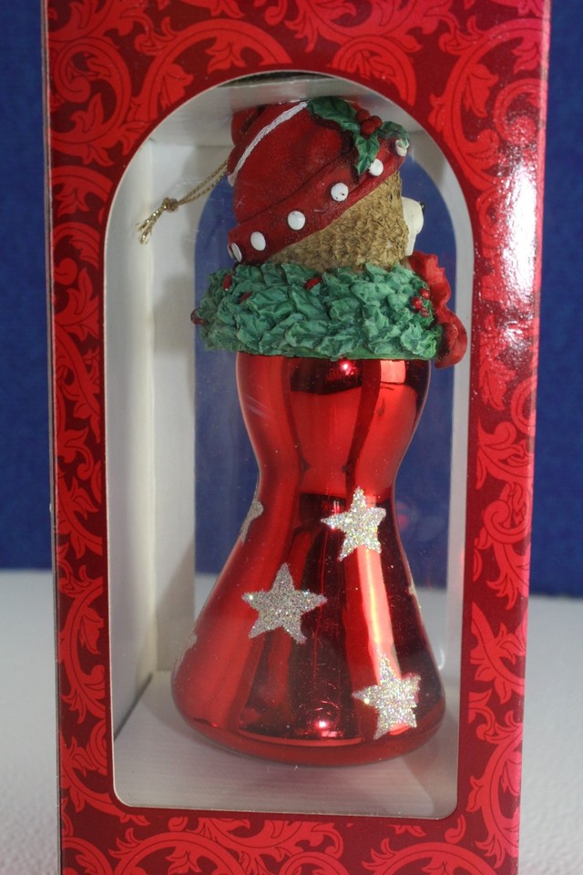 Vtg NOS European Blown Glass Teddy Bear Santa Hat Bell & Stars Red Xmas ...