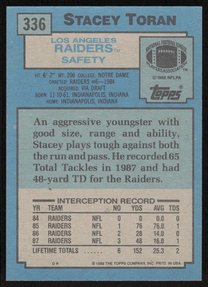 1988 Topps Football Stacey Toran RC #336 Los Angeles Raiders | eBay