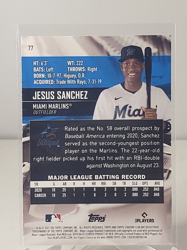 2021 Topps Stadium Club Jesus Sanchez #77 Rookie Sepia - Miami Marlins ...