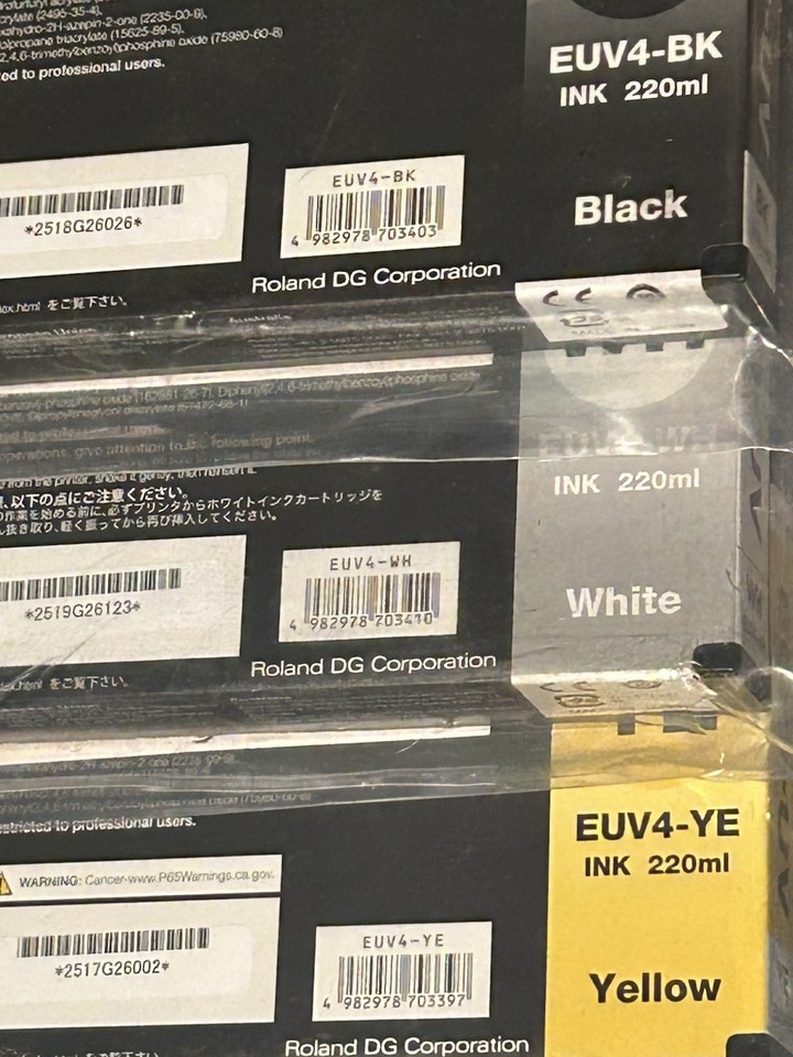 Roland EUV4- Ink Lot of 5 BK Black WH White YE CY Cyan GL Gloss 220ml ...
