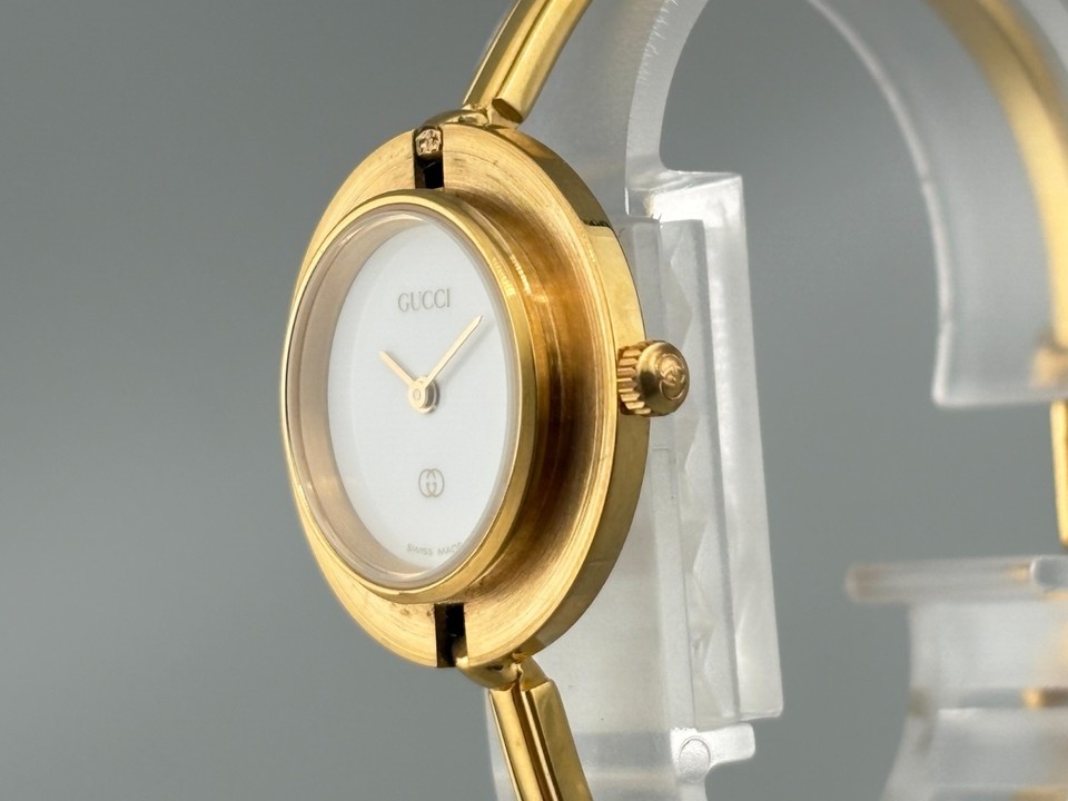 [Very Good] Gucci Change Bezel Watch 1100-L Gold Plated White Bezel ...