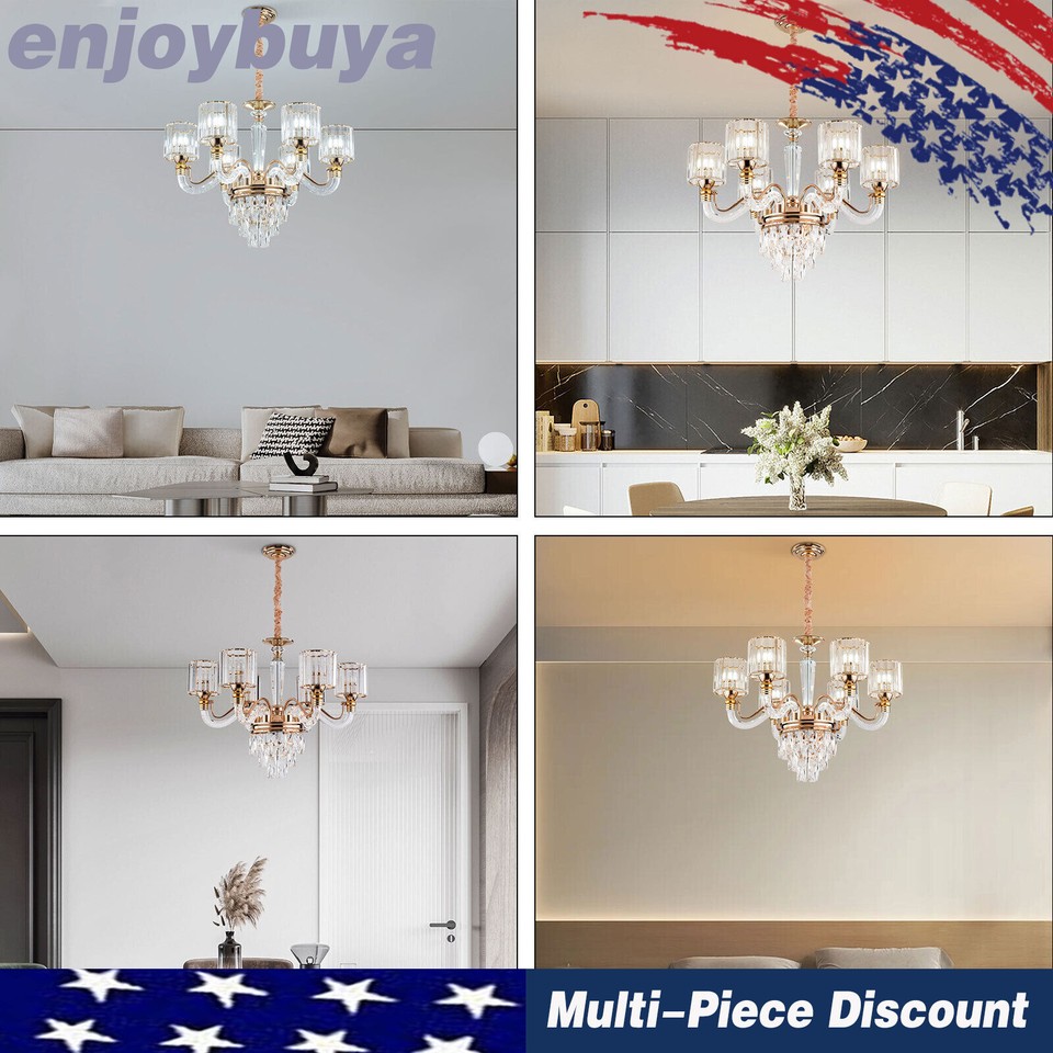 6-Light Gold Round Crystal Chandelier Hanging Ceiling Light Pendant ...