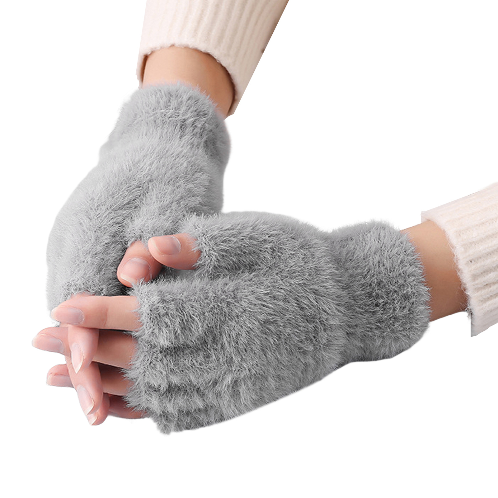 1 Pair Half Finger Gloves Solid Color Decorative Women Fluffy Gloves ...