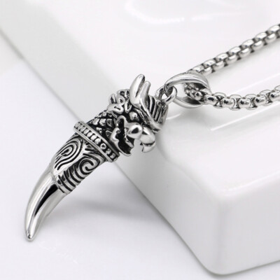 Real 925 Sterling Silver Box Chain Wolf Teeth Dragon Pendant Necklace ...