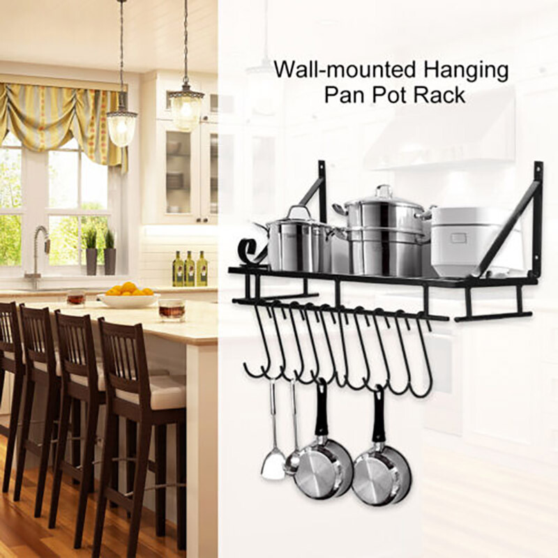 Hanging Pot Rack Pot Pan Rack Wall Mount Pan Kitchen Storage Shelf ...