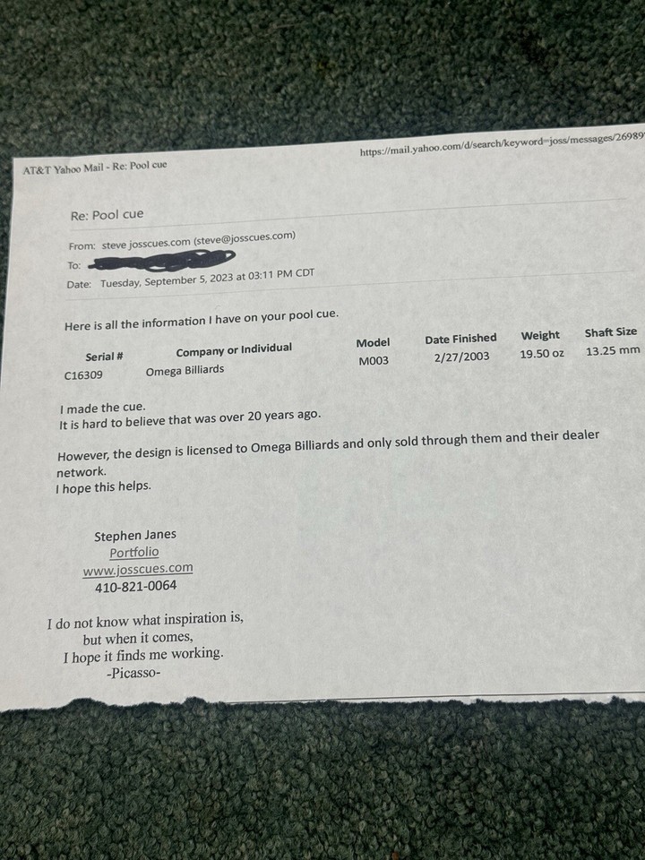 Joss M003 Omega Billiards 2003 Rare Pool Cue 19.5Oz 13.25mm NICE!! | eBay