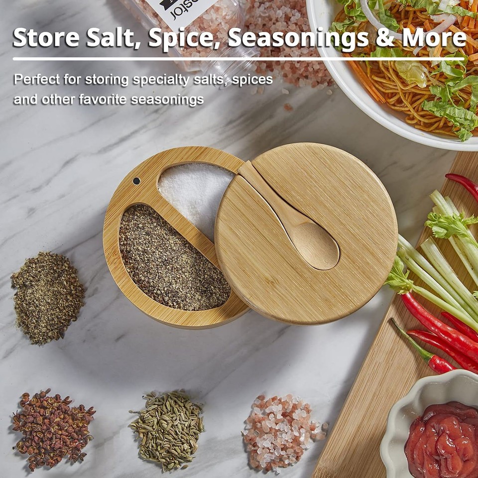 Large Bamboo Salt Box with Swivel Lid and Spoon Salt Pepper Bowls Salt ...