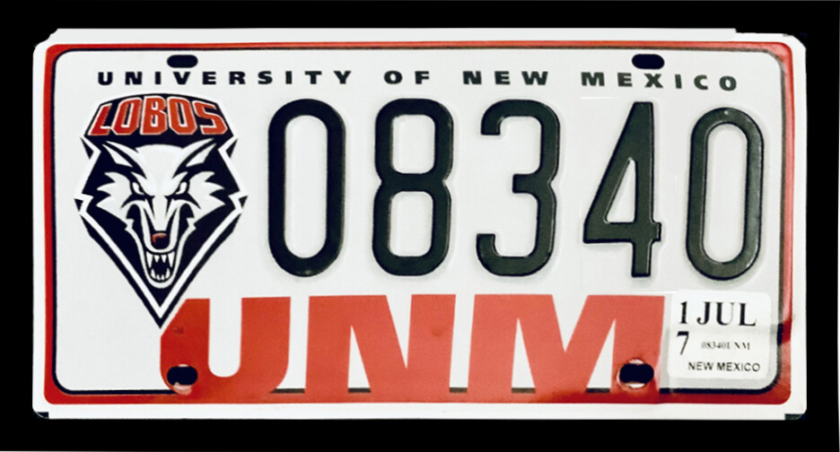 NEW MEXICO COLLEGE LOBO LICENSE PLATE " 08340 " UNM UNIVERSITY OF NM GO ...