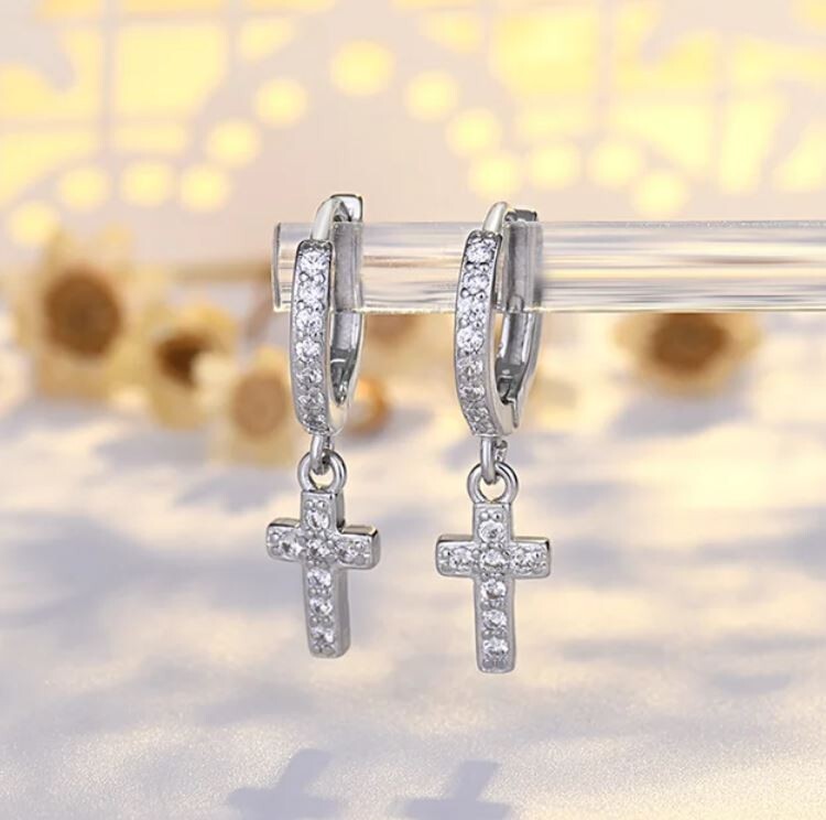 Men’s/Boy’s: Ronaldo, 18 Carat White Gold Plated, Zirconia Cross & Hoop ...