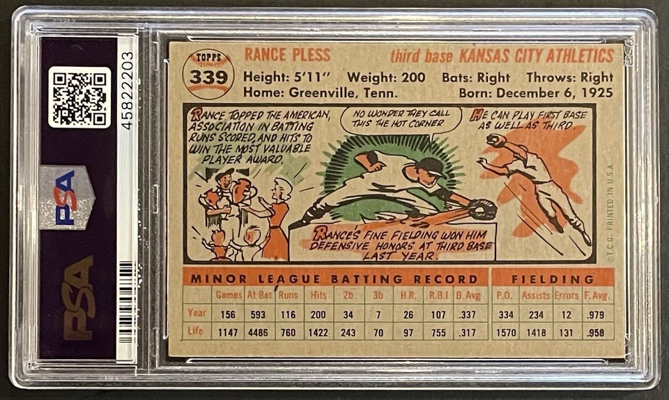 1956 Topps #339 Rance Pless, Kansas City Athletics, PSA 6 | eBay