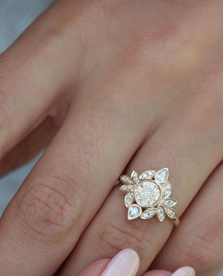 3.25ct Round Lab-Created Moissanite Engagement Ring Floral Art Deco ...