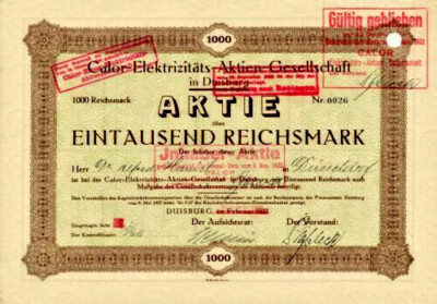 Calor Elektrizitäts - AG Duisburg hist Namens Aktie 1927 Calor-Emag ...