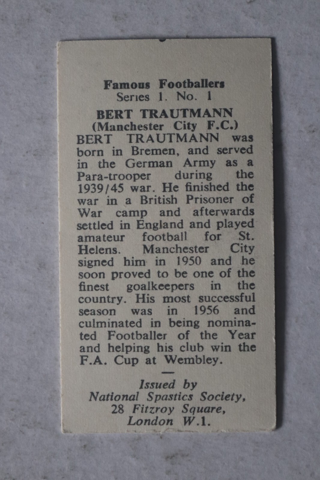 Bert Trautmann 1959 Famous Footballers Card Series 1 No 1 National ...