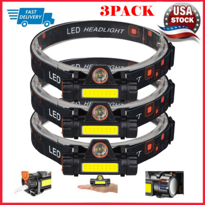 3Pack LED Headlamp USB Rechargeable Headlight Flashlight Waterproof ...
