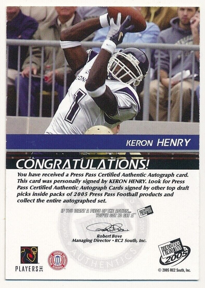 KERON HENRY 2005 PRESS PASS BRONZE AUTOGRAPH CONNECTICUT HUSKIES UCONN ...