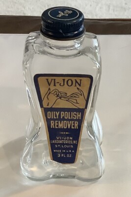 VI-JON OILY NAIL POLISH REMOVER 3 OZ GLASS BOTTLE LABEL & LID 3.75"H ...