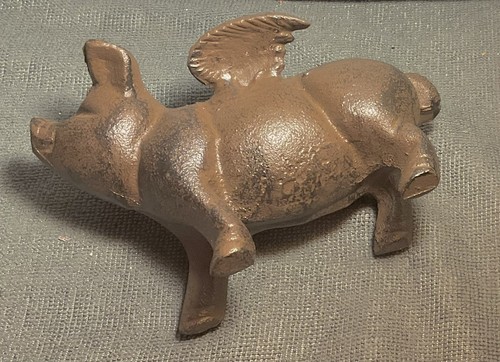 Rustic 7” Cast Iron Flying Pig Statue with Wings - Garden & Desk Decor ...