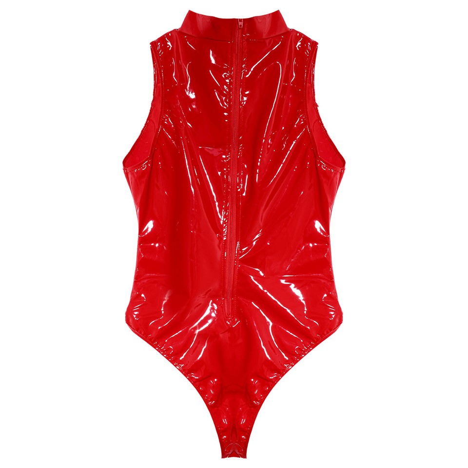 Womens Zipper Back Bodysuit Mock Neck Catsuit Wet Look Patent Leather ...