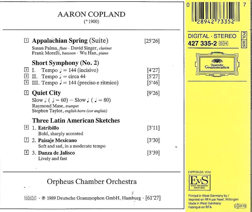 Aaron Copland: Appalachian Spring - Orpheus Chamber Orchestra (CD, 1989 ...