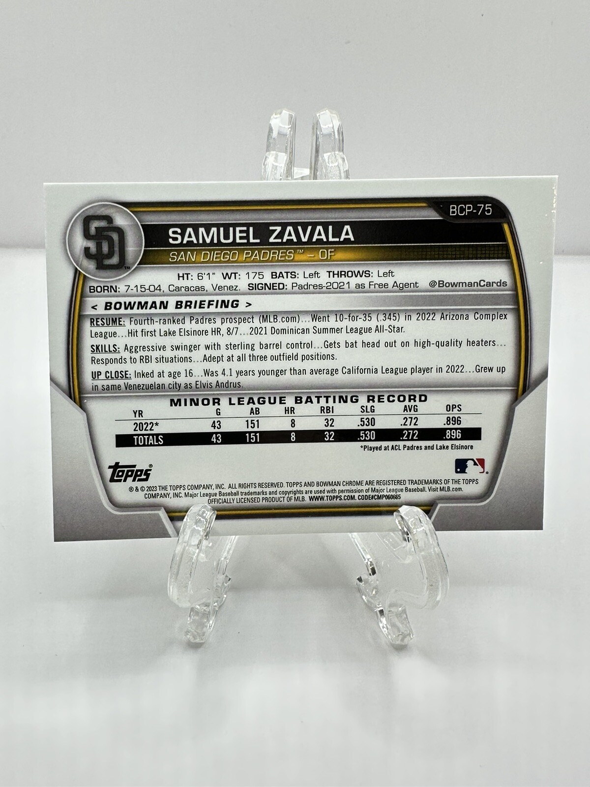 2023 Bowman Chrome Prospect Samuel Zavala #BCP-75 San Diego Padres ...
