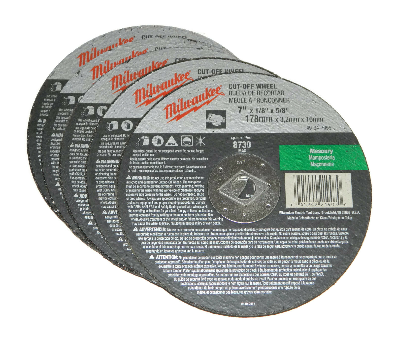 Lot of 5 MILWAUKEE 49-94-7055 TYPE 1 CUT-OFF WHEEL DISC 7" x 1/8" x 5/8 ...