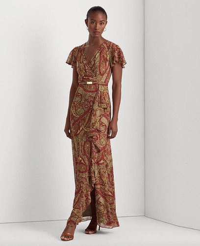 Lauren Ralph Lauren Paisley Belted Georgette Flutter-Sleeve Gown Size 2 ...