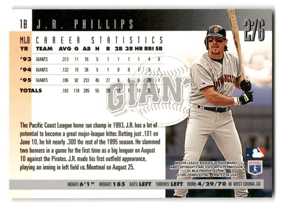 J.R. Phillips 1996 Donruss #276 San Francisco Giants BASEBALL | eBay