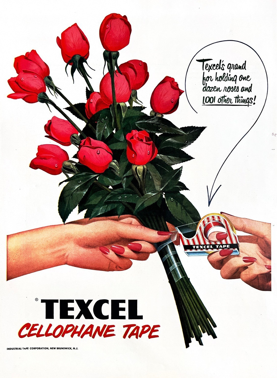 1951 TEXCEL TAPE Genuine Vintage Print Ad Cellophane Red Roses FLowers ...