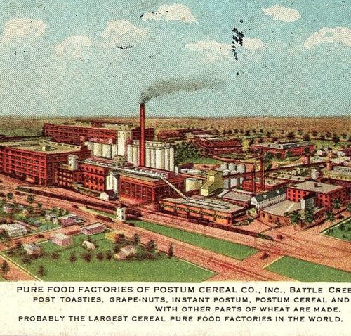 1931 Postum Post Cereal Co Ad Postcard Battle Creek MI Factory Grape ...