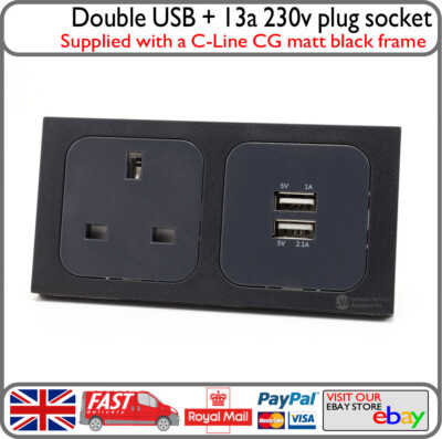 C-Line USB 12v DC & Mains 240v 13a Socket Matt Black Frame Motorhome ...
