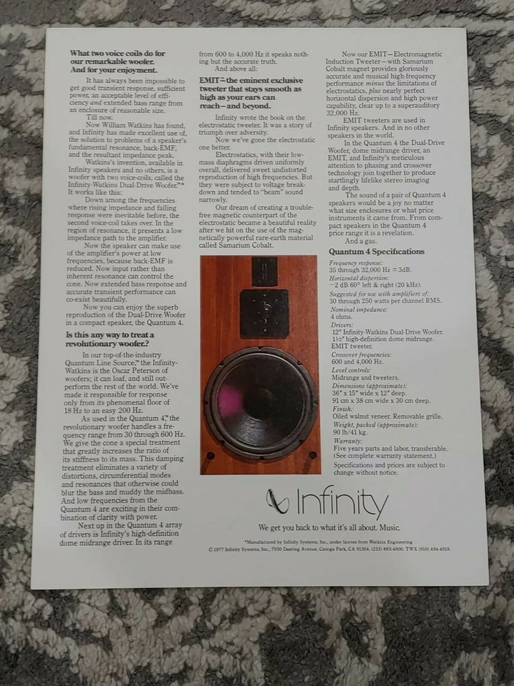 Vintage Original Dealer Brochure Infinity Quantum 4 Mint condition See ...