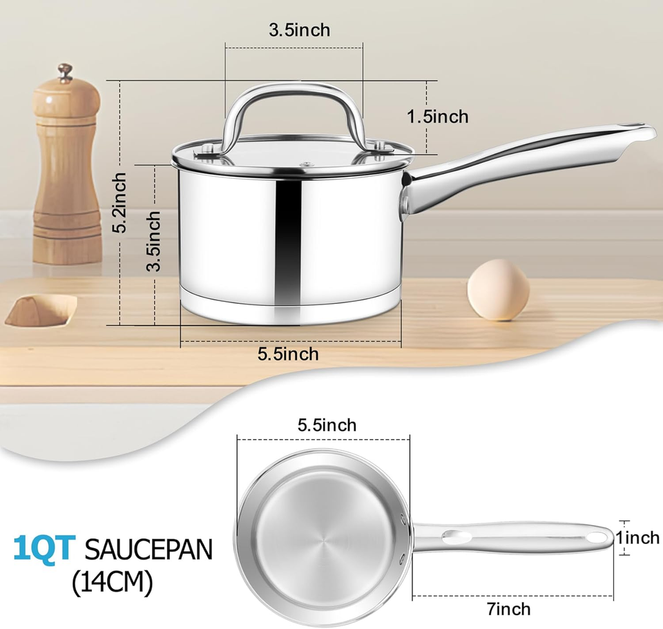 Stainless Steel Saucepan 1Qt Small Pot W/ Lid Tri Ply Induction Safe ...