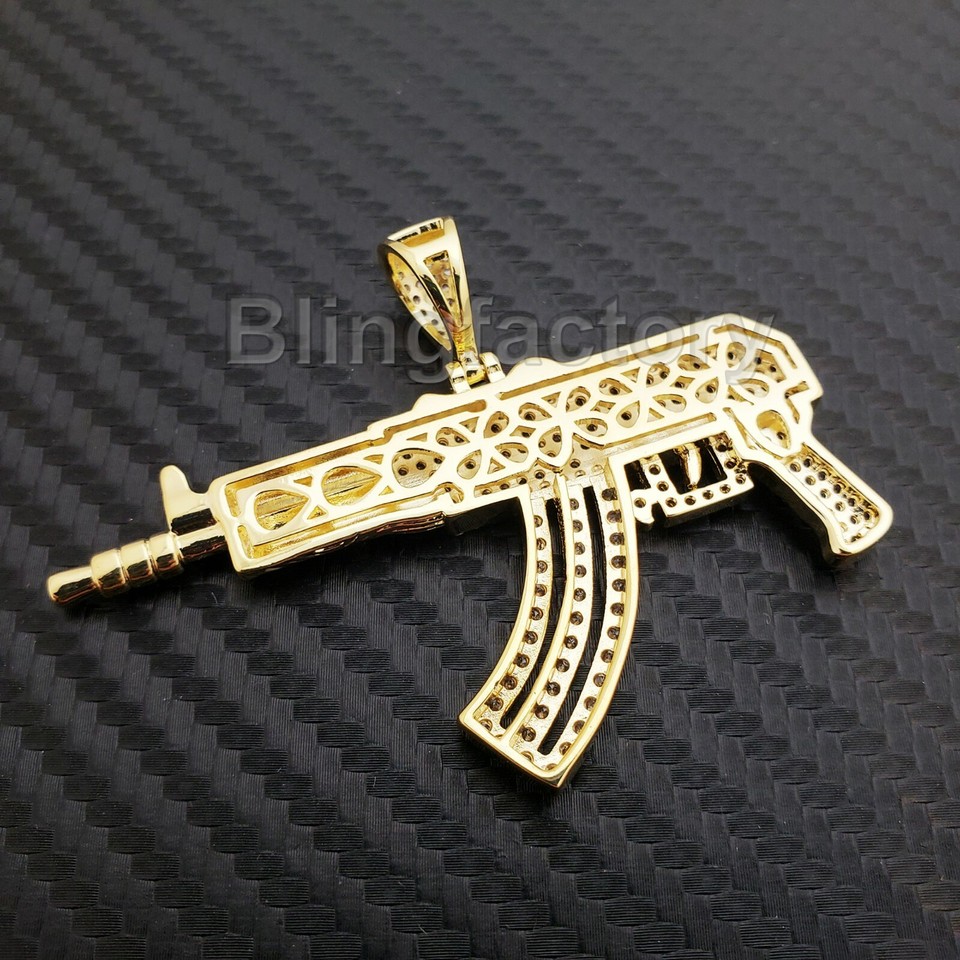 HIP HOP ICED GOLD PT BRASS BLING BUST DOWN MACHINE GUN CHARM PENDANT ...