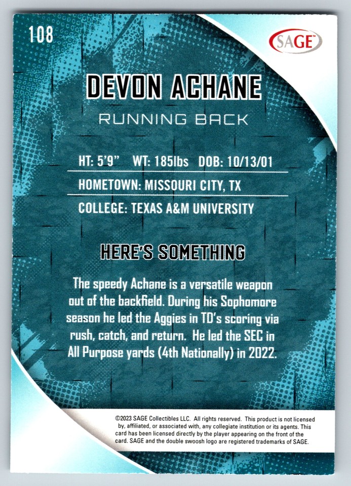2023 SAGE #108 Devon Achane NM | eBay