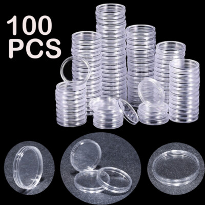100X 32mm Silver Gold Coin Cases Capsules Holder Clear Plastic Round ...