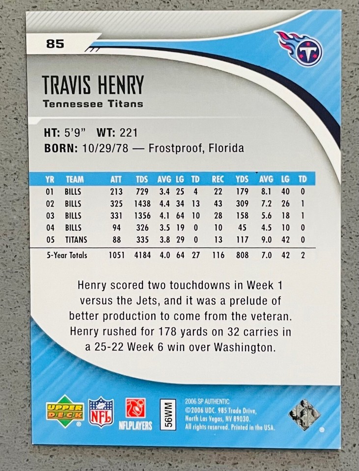 2006 Upper Deck SP Authentic Football #85 Travis Henry Base Card | eBay