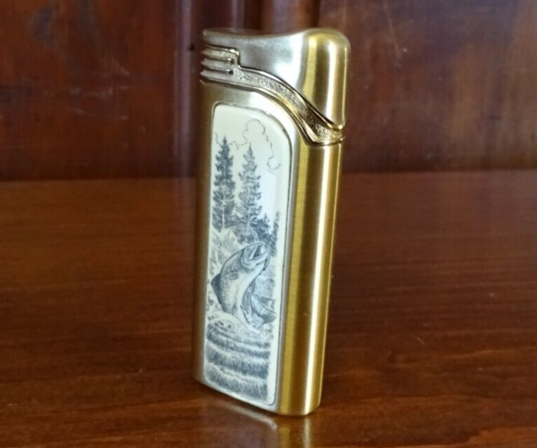 Colibri Butane Lighter, Brushed Gold, Carved Outdoor Trout Scene on ...