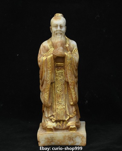 6.7" Chinese Old Jade Gilt Carving People Man Confucius Kong Zi Kongzi ...