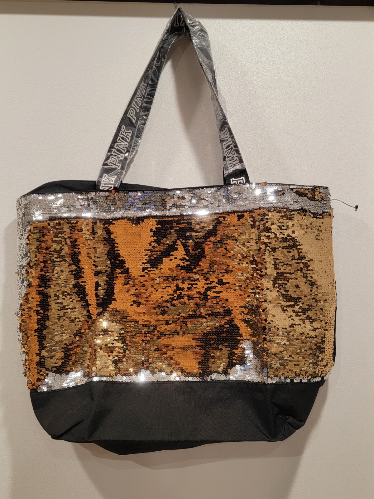 NWT Victoria's Secret PINK Flip Sequin Bling Logo Tote Bag Silver/Gold ...