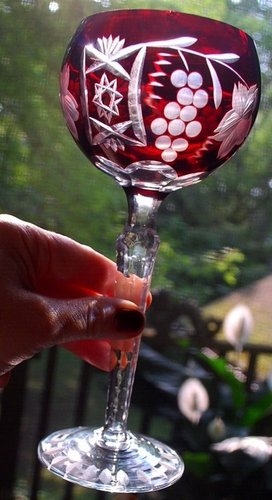 Vintage Ruby Red TALL HOCK WINE GLASS Cut To Clear Grapes 8.25 ...