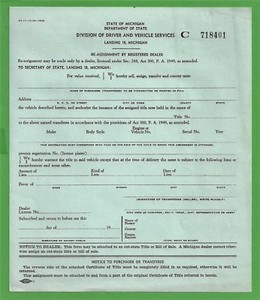 VTG 1954 State Of Michigan License Plate Transfer Form MV-17-10-54-250M ...