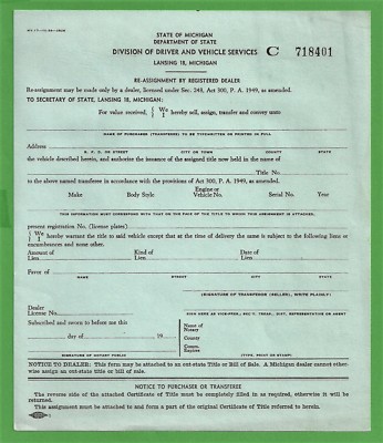 VTG 1954 State Of Michigan License Plate Transfer Form MV-17-10-54-250M ...