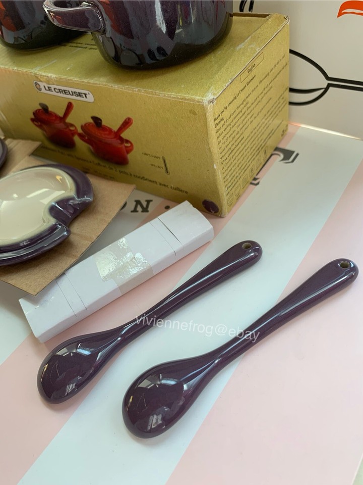 LE CREUSET CASSIS PURPLE MINI CONDIMENT POTS W/SPOONS SET of 2 ...