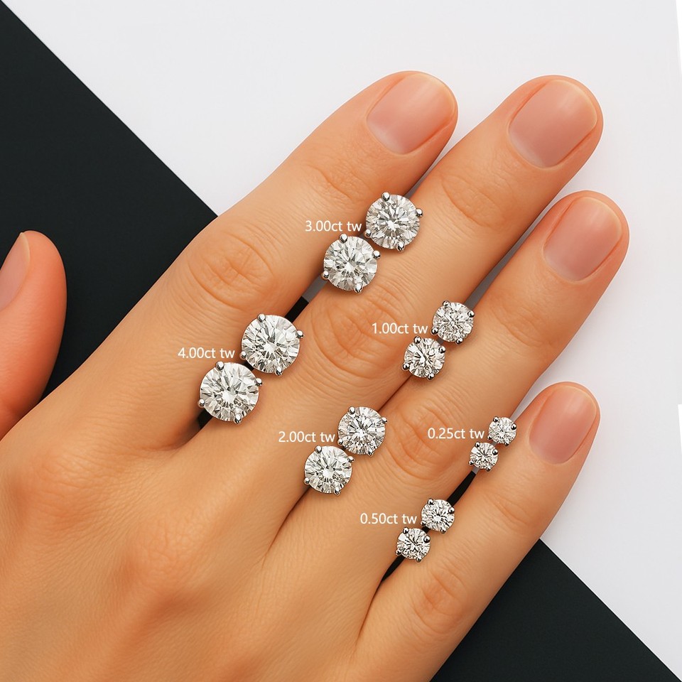 Round Brilliant Cut Lab-Created Diamond Studs 4-Prong Stud Earrings in ...